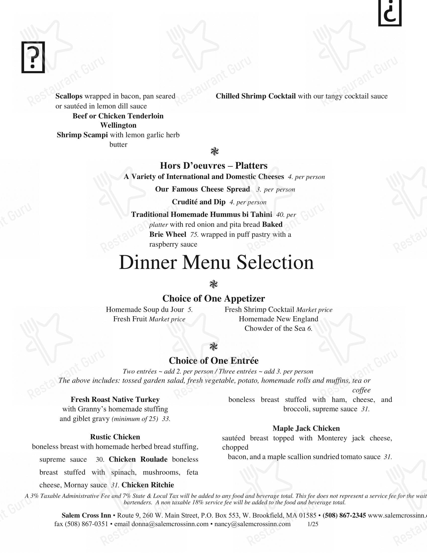 Menu at Salem Cross Inn restaurant, West Brookfield