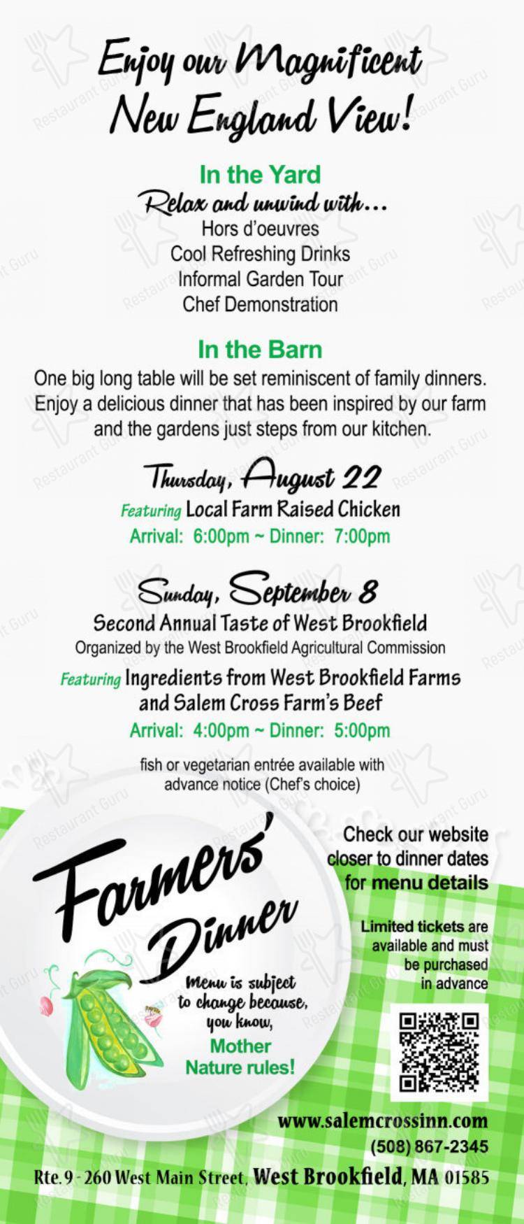 Menu at Salem Cross Inn restaurant, West Brookfield