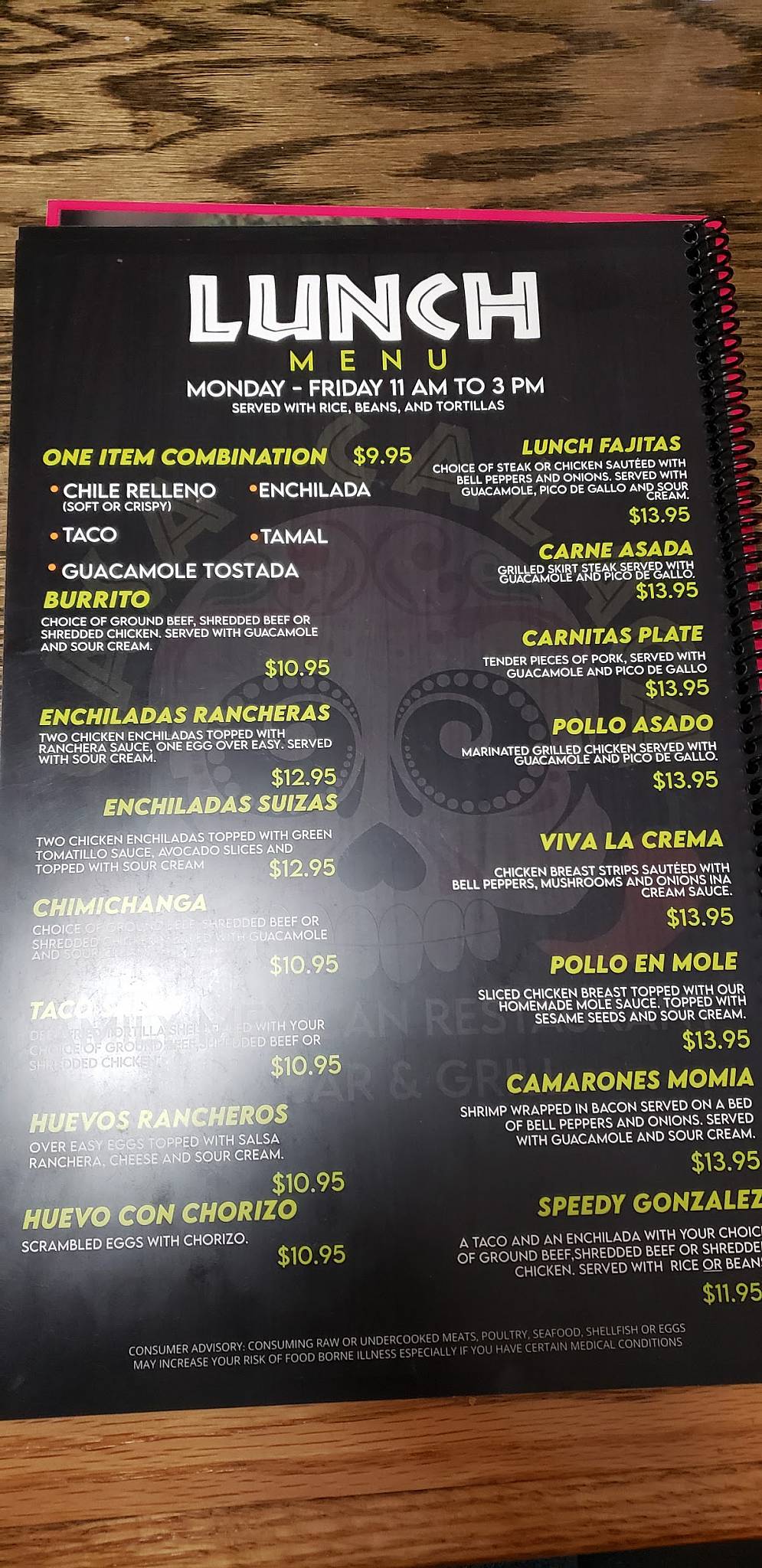 Menu at Casa Calaca restaurant, Salida