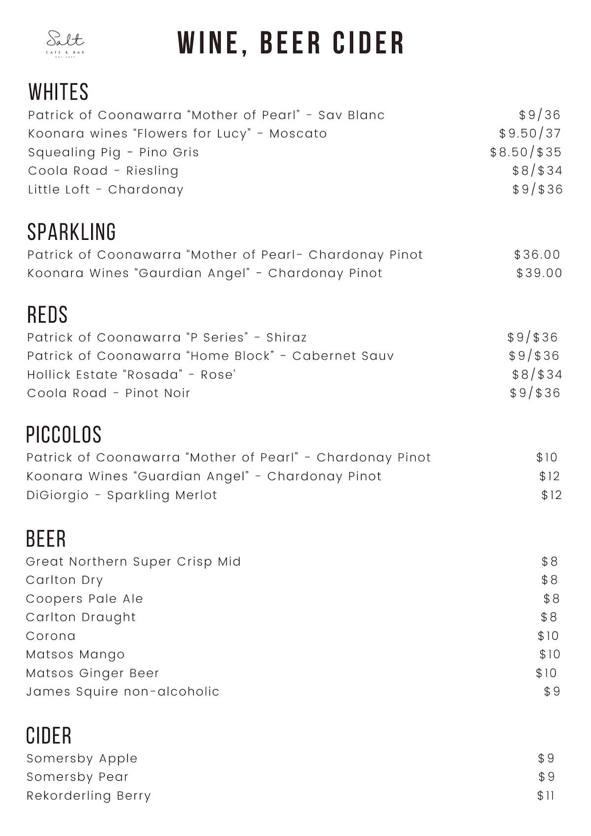 Menu at Salt Cafe & Bar, Port Macdonnell