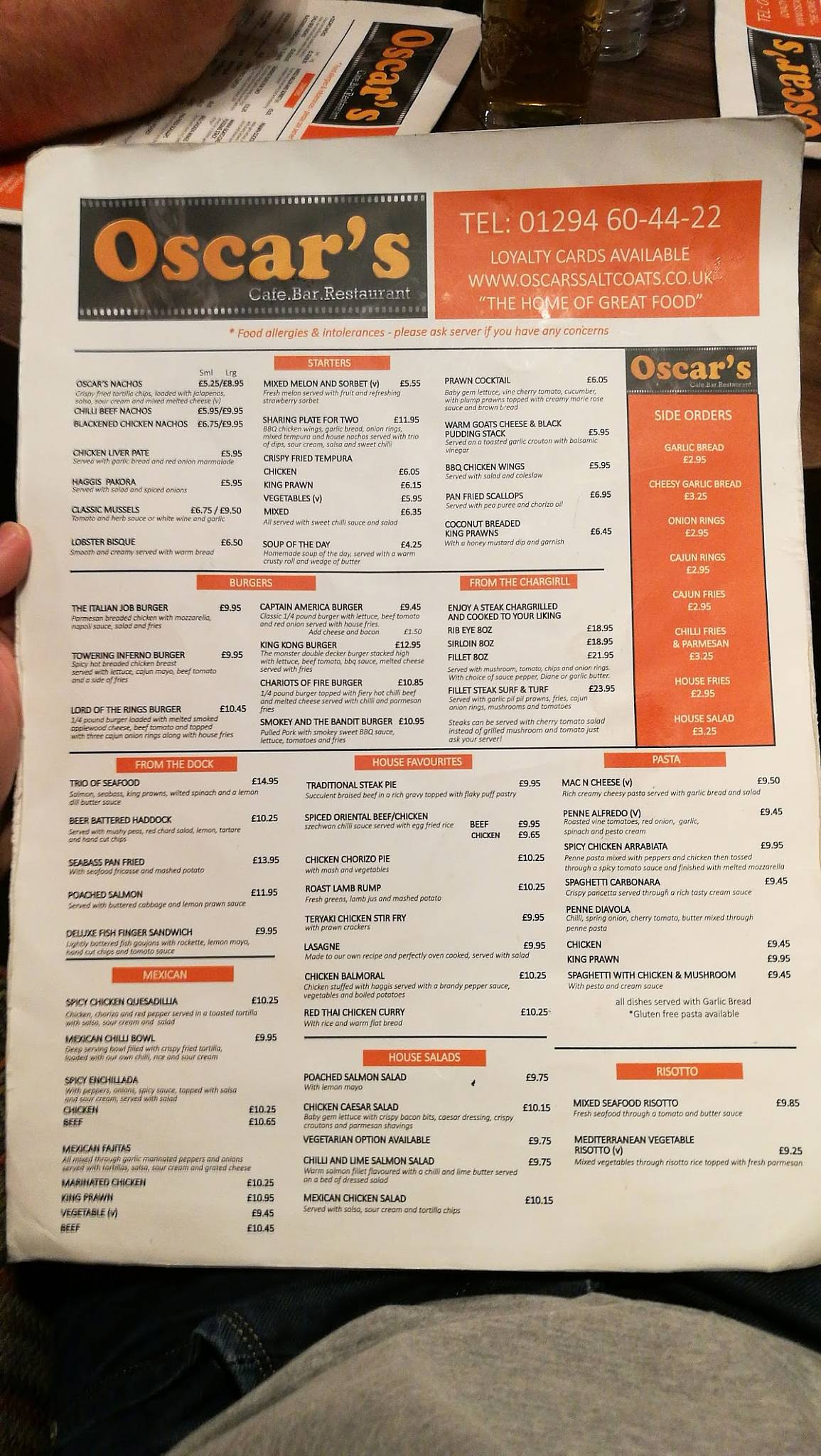 Menu at Oscar's Cafe Bar Restaurant, Saltcoats