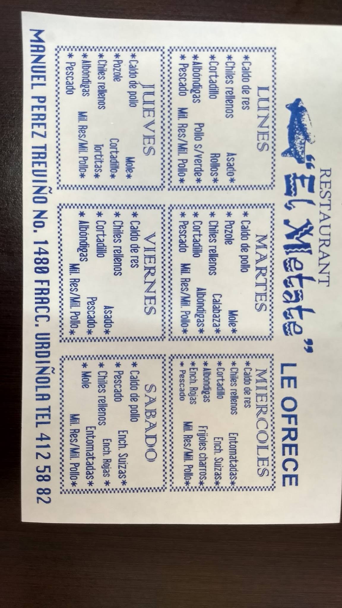 Menu at El Metate restaurant, Saltillo