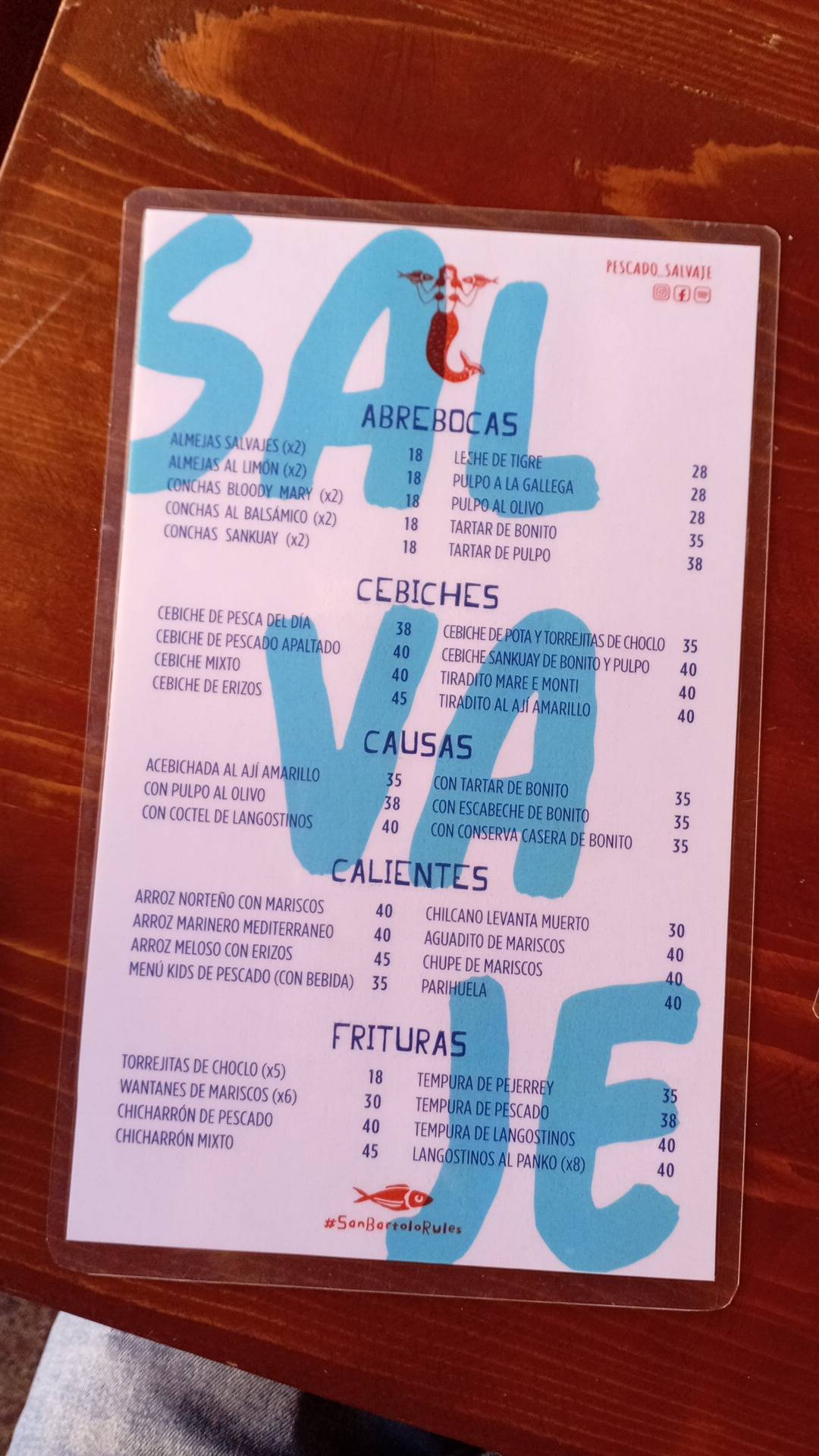 Carta del restaurante Salvaje Bodega Marina, San Bartolo