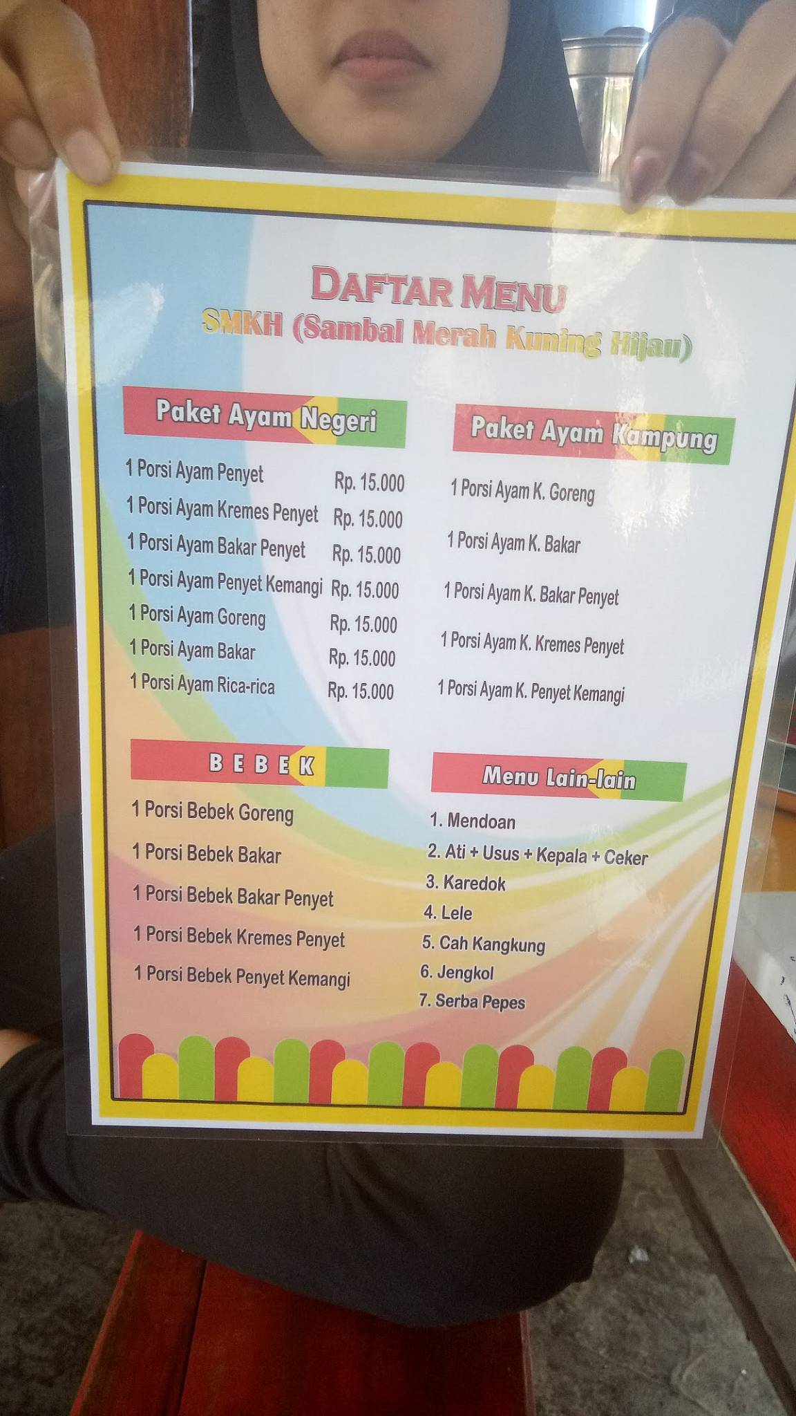Menu at Sambal Merah Kuning Hijau restaurant, Indonesia