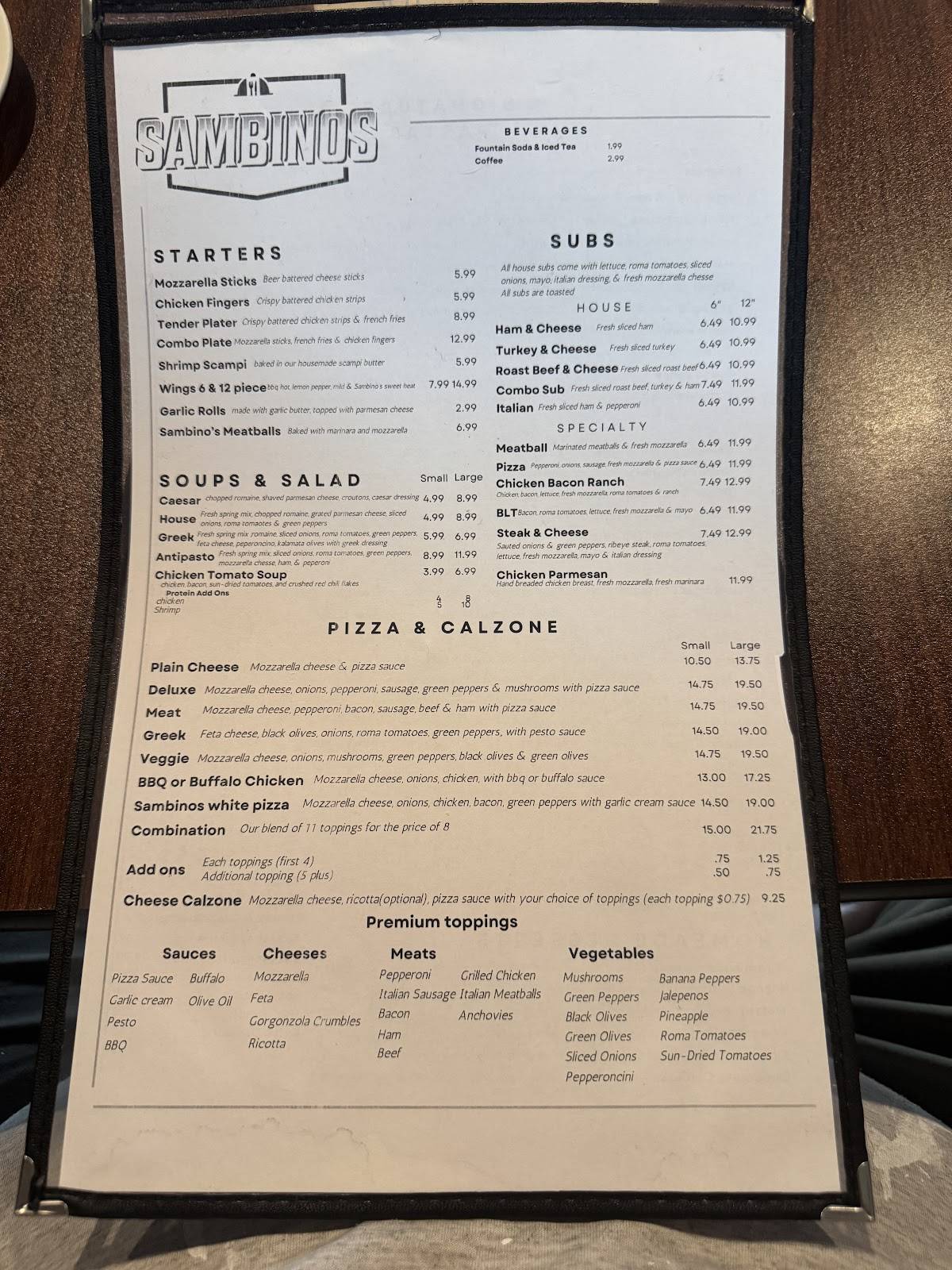 Menu at Sambino's restaurant, Sumter, Peach Orchard Rd