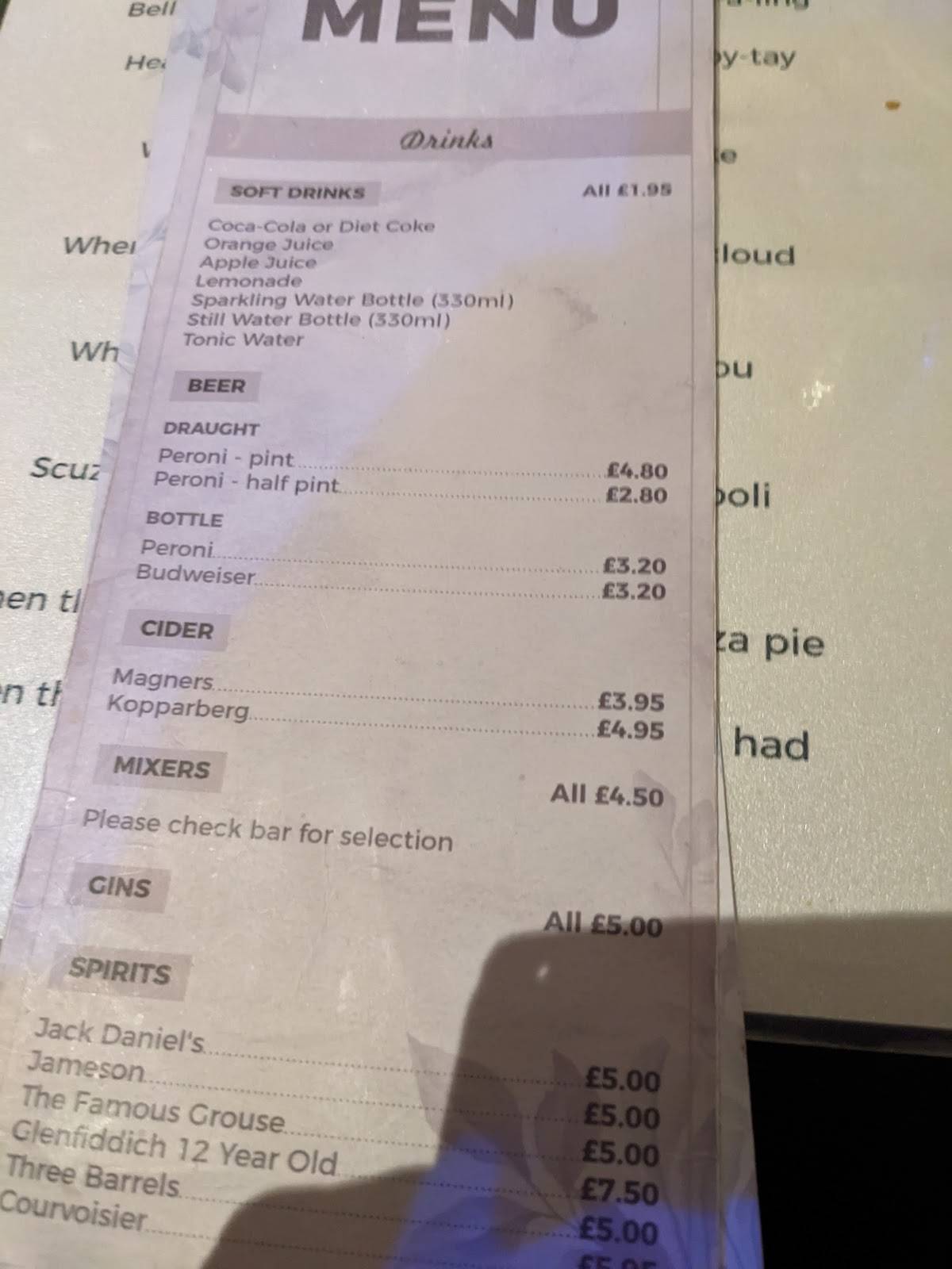 Menu at Sambuca restaurant, Shipley
