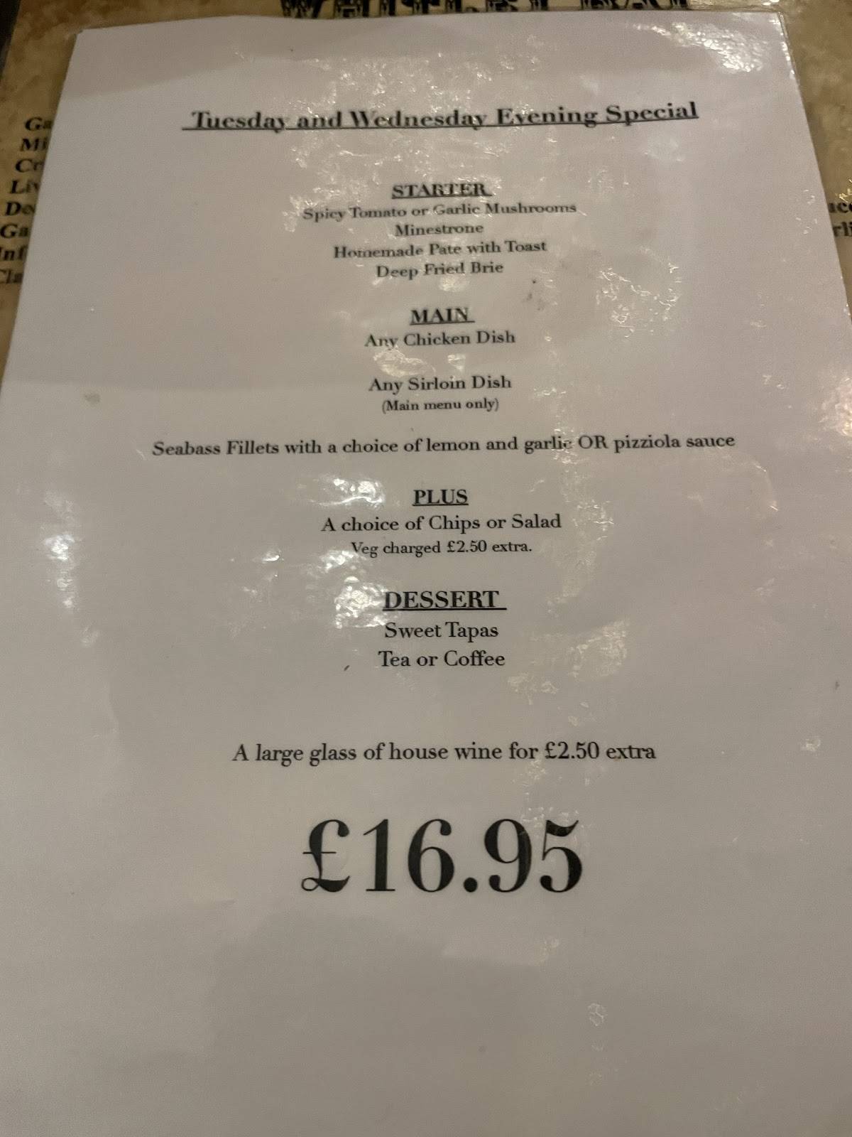Menu at Sambuca restaurant, Whitley Bay
