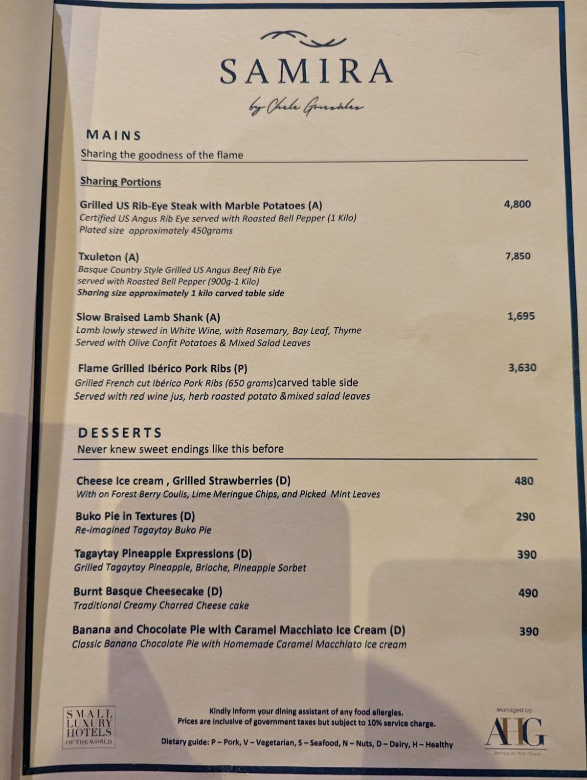 Menu at Samira by Chele Gonzalez restaurant, Tagaytay