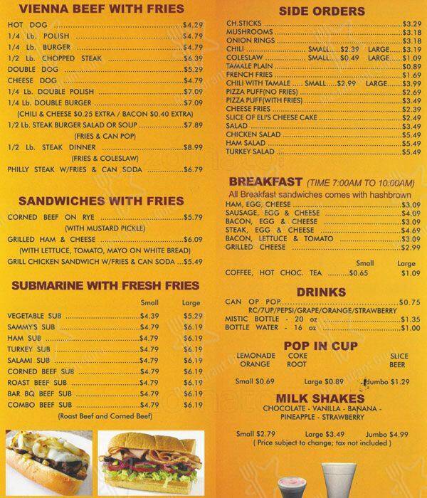 Menu at Sammy's fast food, Chicago, 238 W Division St
