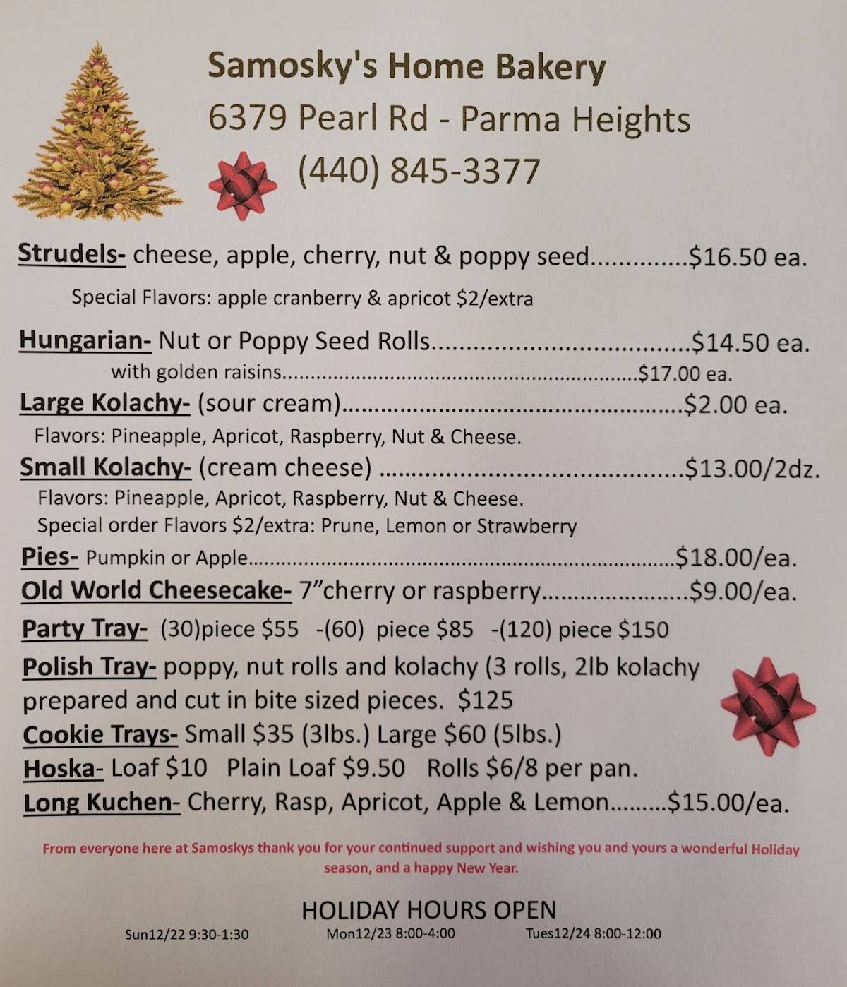 Menu at Samosky's Home Bakery, Cleveland