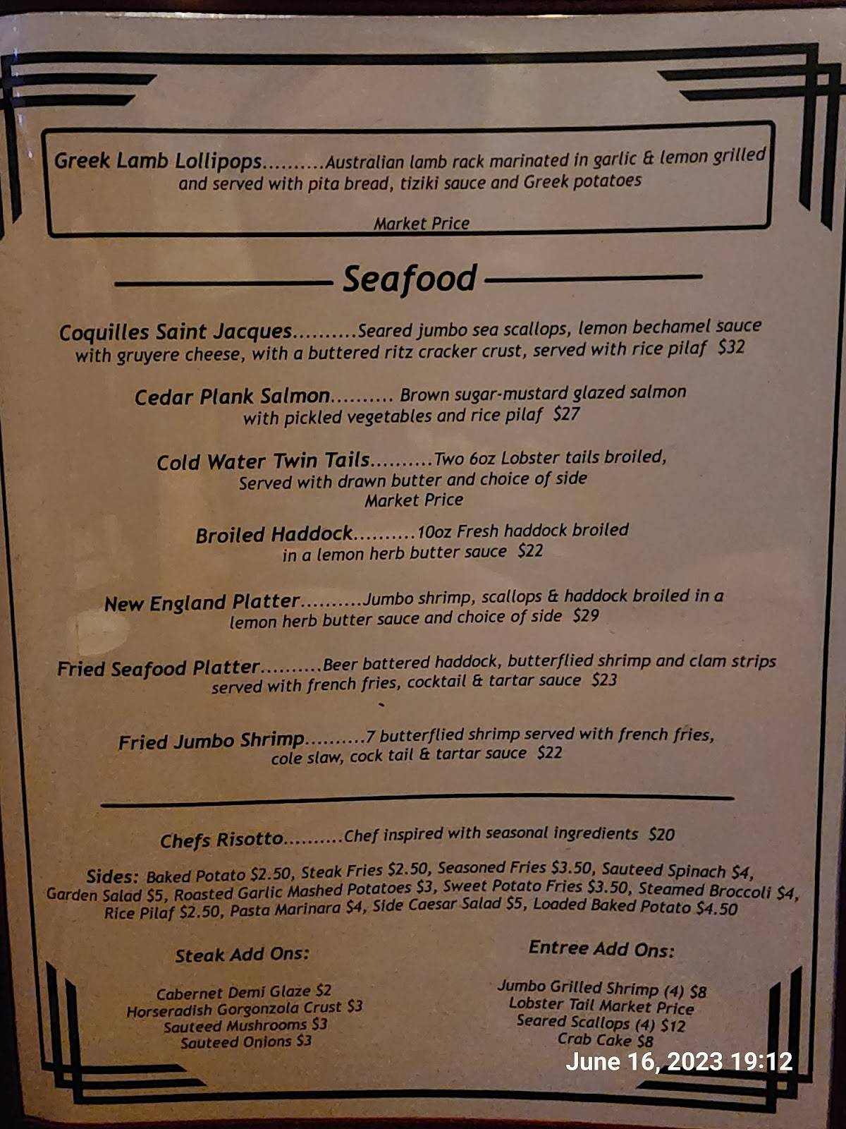 Menu at Sam's Seafood Steakhouse, Johnstown