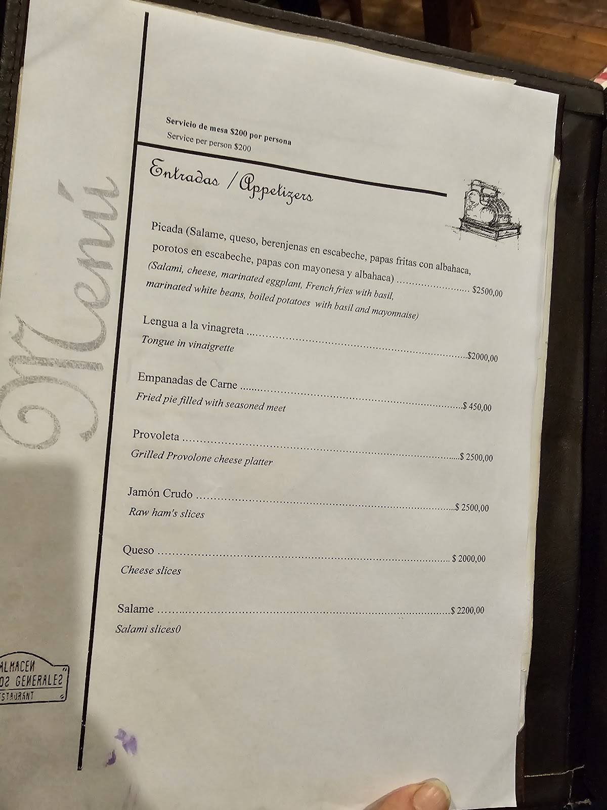 Carta de parrilla Almacén de Ramos Generales, San Antonio de Areco