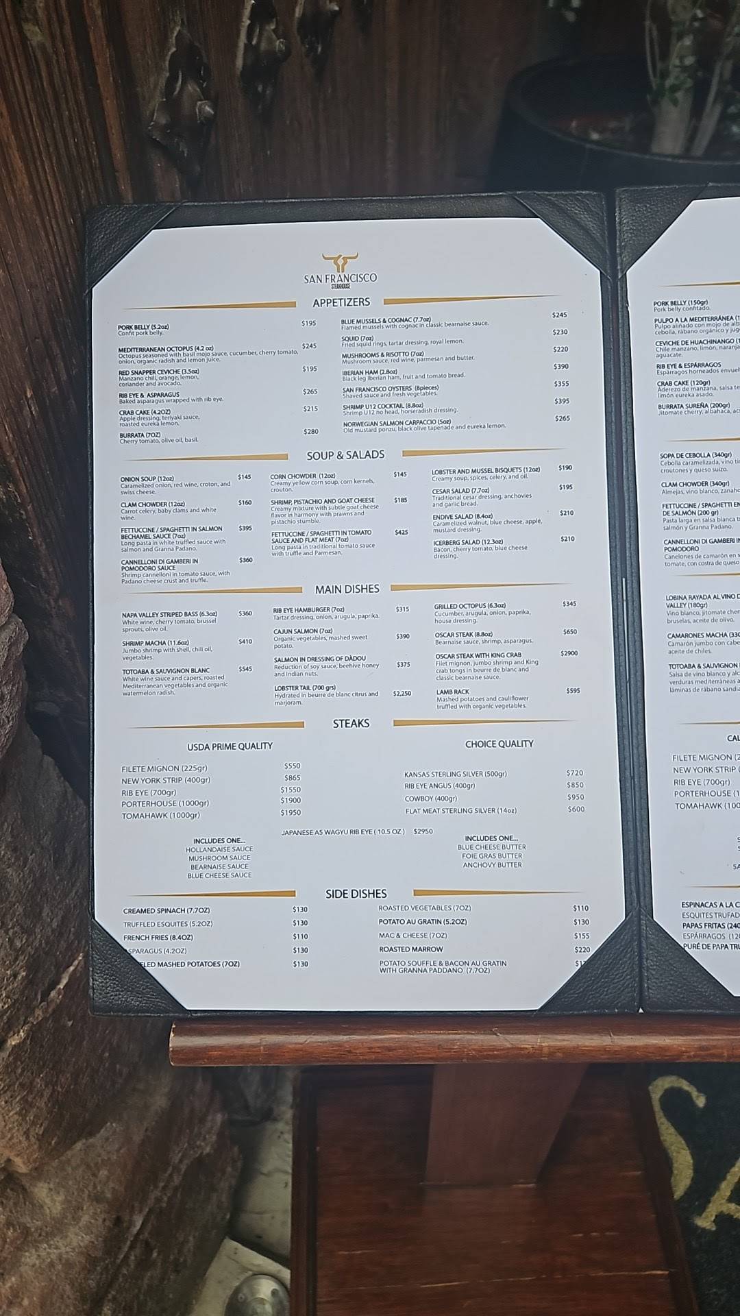Menu at San Francisco Steakhouse Restaurante, San Miguel de Allende