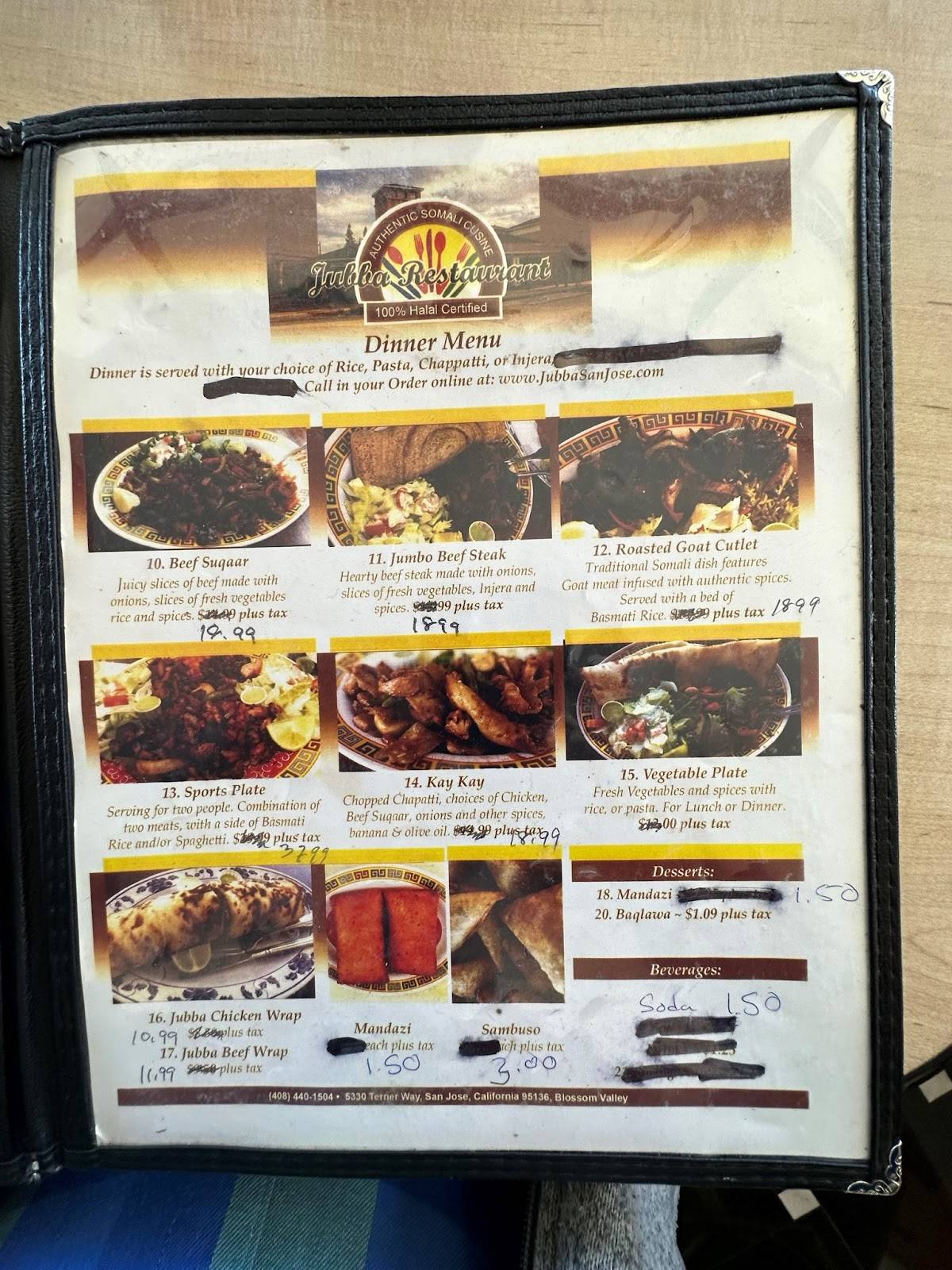 Menu at Jubba Somali Restaurant, San Jose