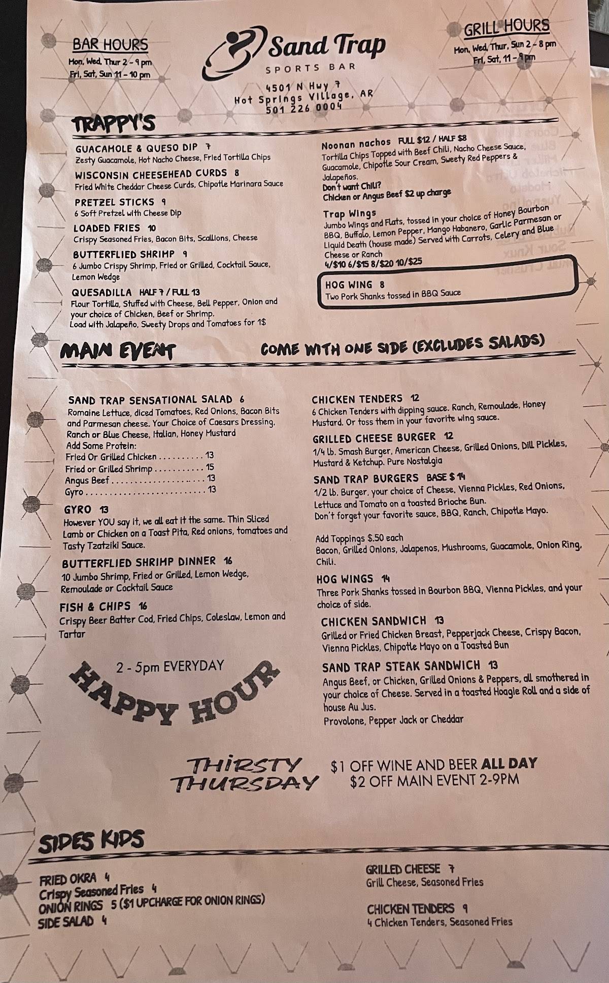 Menu at Sand Trap Sports Bar, Hot Springs Village