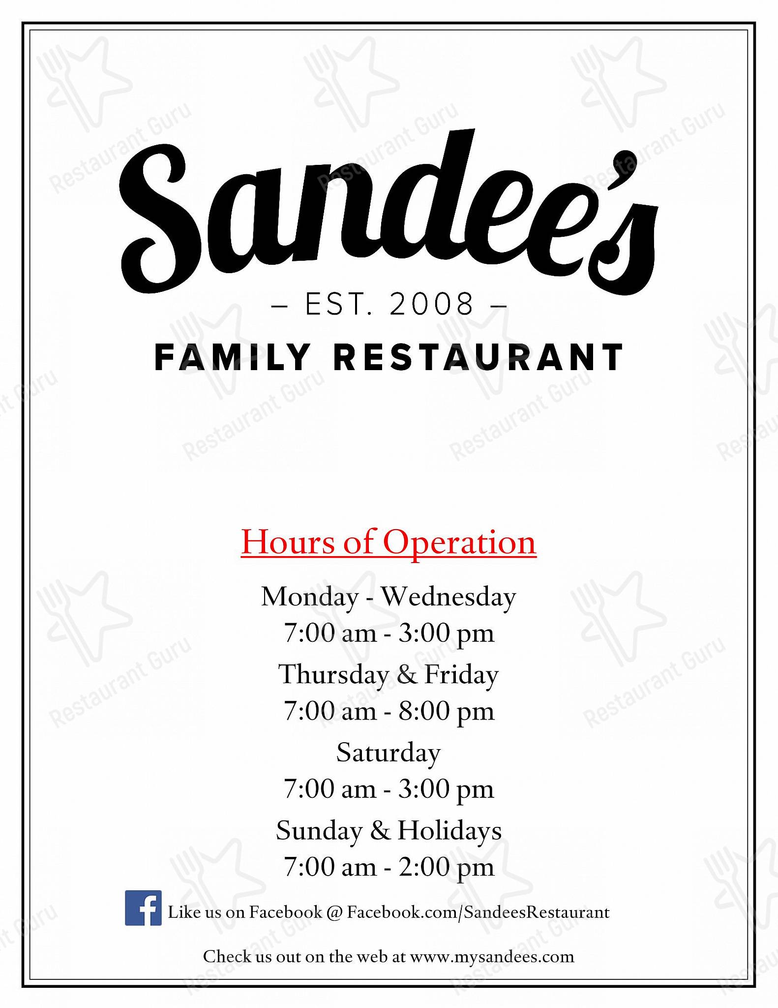 Menu at Sandee's Restaurant, Lancaster