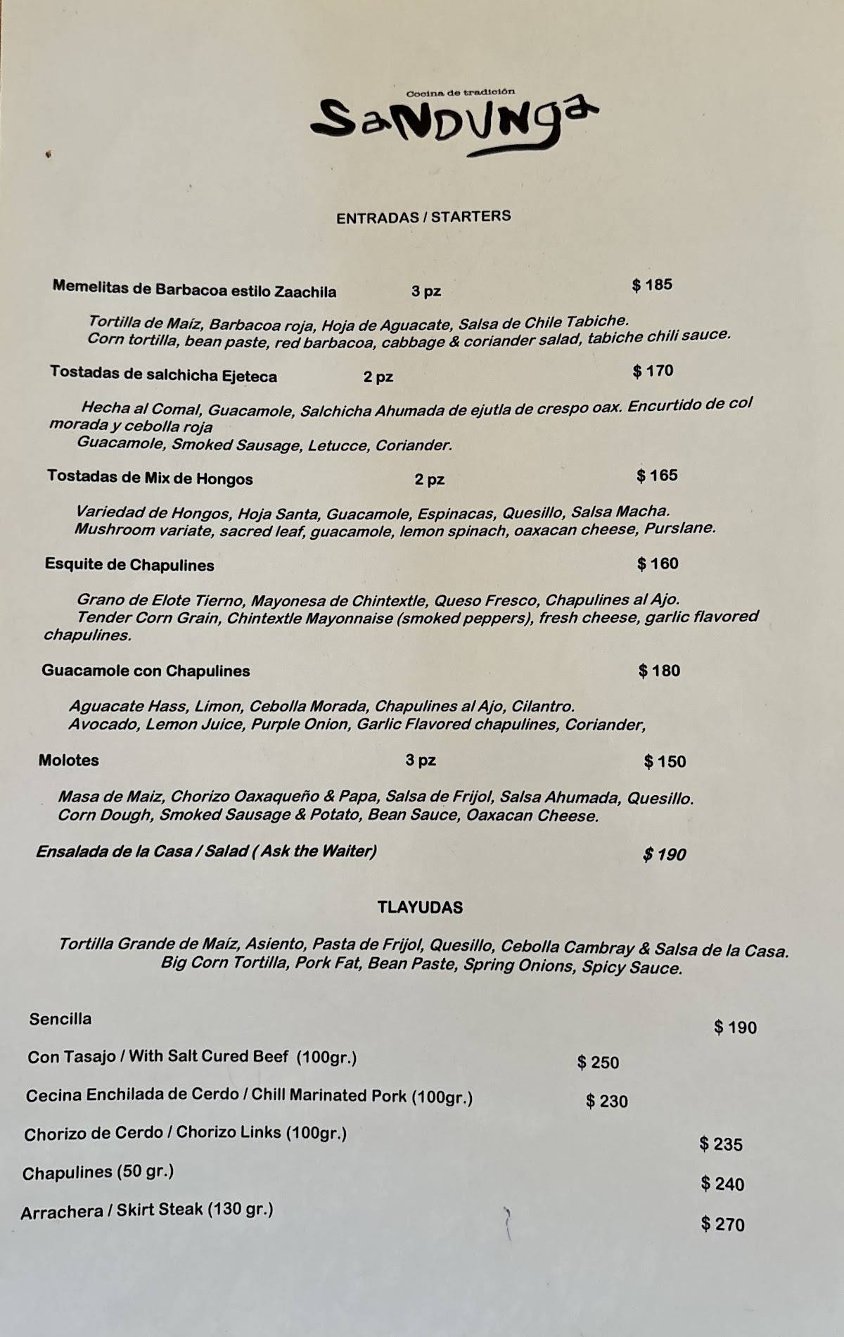 Menu at Sandunga- Cocina Tradicional Oaxaqueña restaurant, Merida