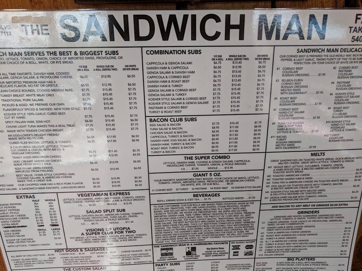 Menu at Sandwich Man restaurant, Paxtonia, Allentown Blvd