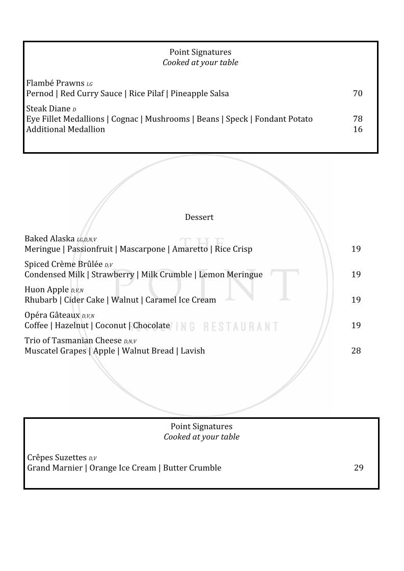 Menu at The Point Revolving Restaurant, Sandy Bay, 410 Sandy Bay Rd