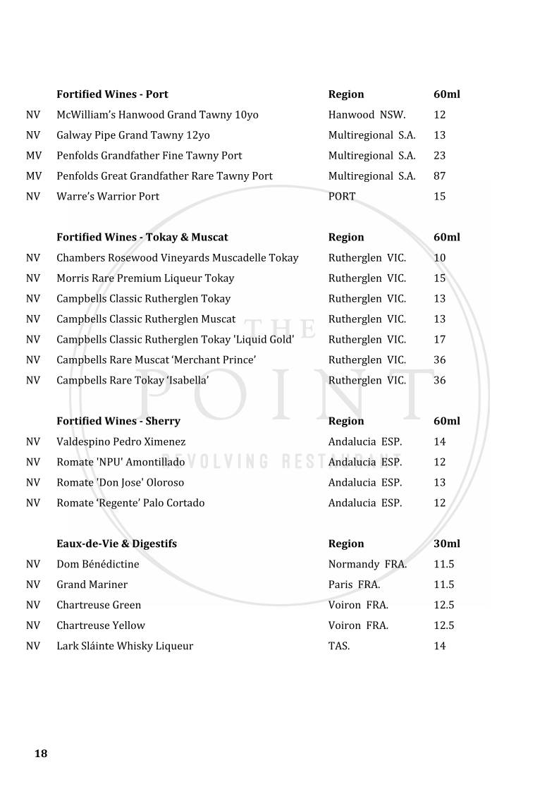 Menu at The Point Revolving Restaurant, Sandy Bay, 410 Sandy Bay Rd