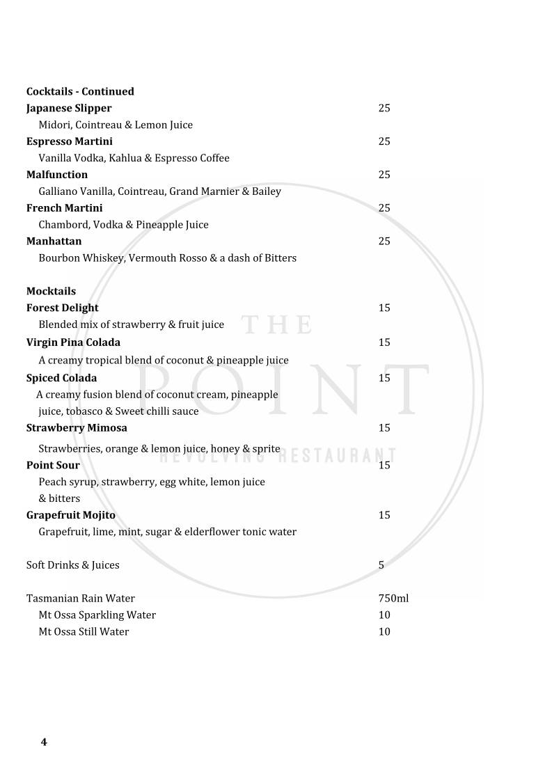 Menu at The Point Revolving Restaurant, Sandy Bay, 410 Sandy Bay Rd
