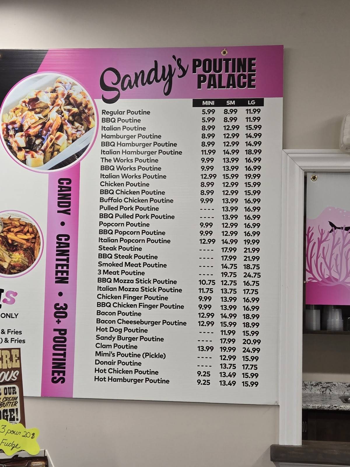 Menu at Sandy's Place restaurant, Grand Falls
