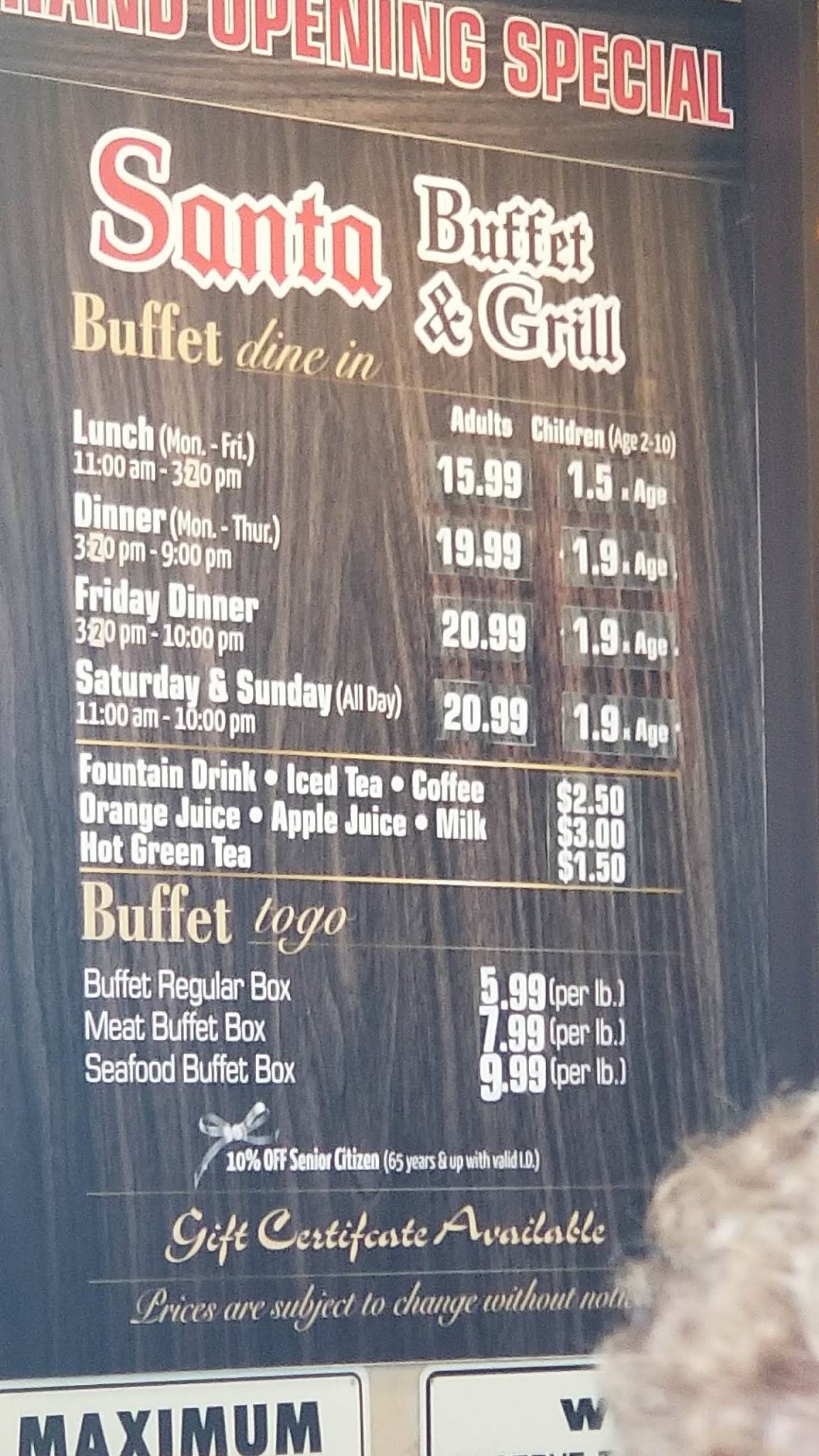 Menu at Santa Buffet & Grill restaurant, Santa Ana