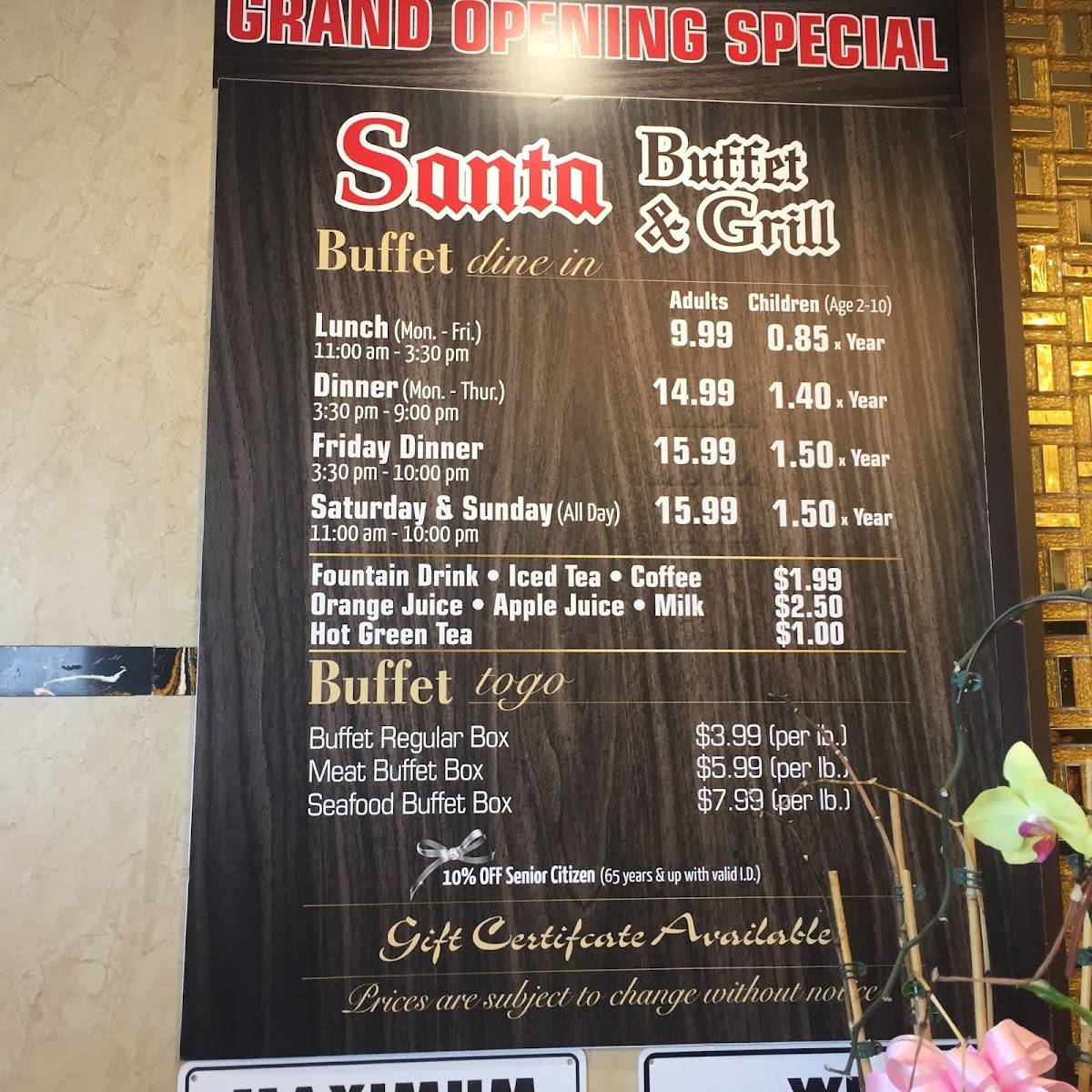 Menu at Santa Buffet & Grill restaurant, Santa Ana