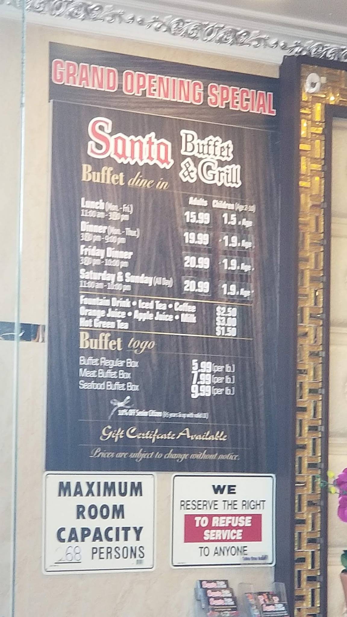 Menu at Santa Buffet & Grill restaurant, Santa Ana