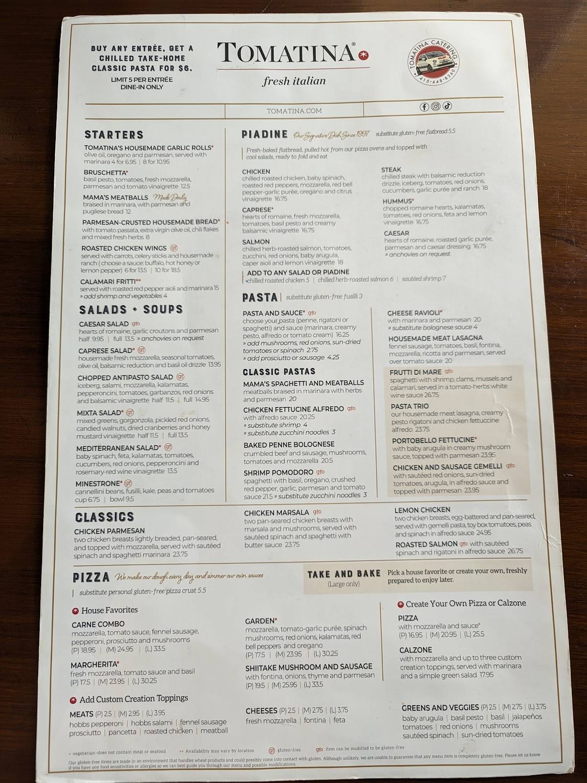 Menu at Tomatina pizzeria, Santa Clara