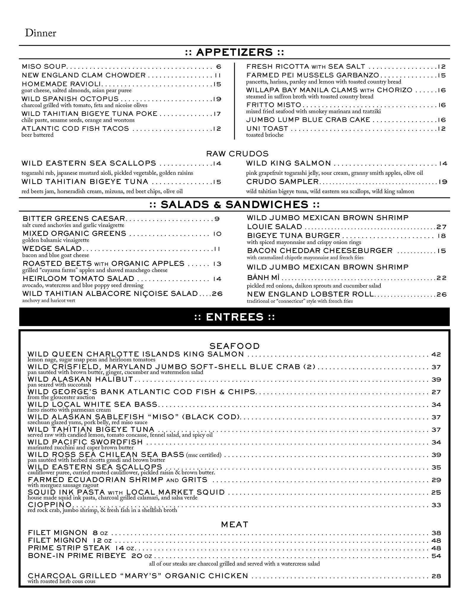 Menu at Water Grill restaurant, Santa Monica, Ocean Ave