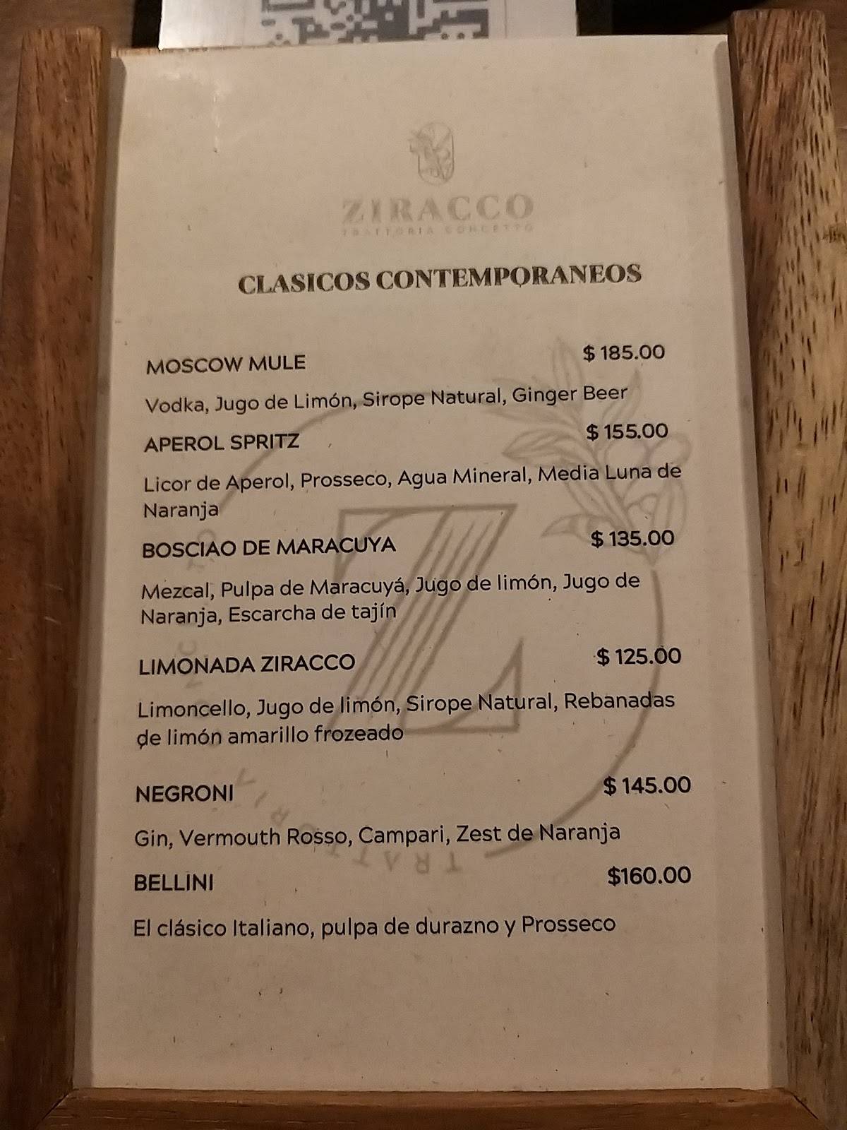 Carta del restaurante Ziracco, Santiago del Querétaro