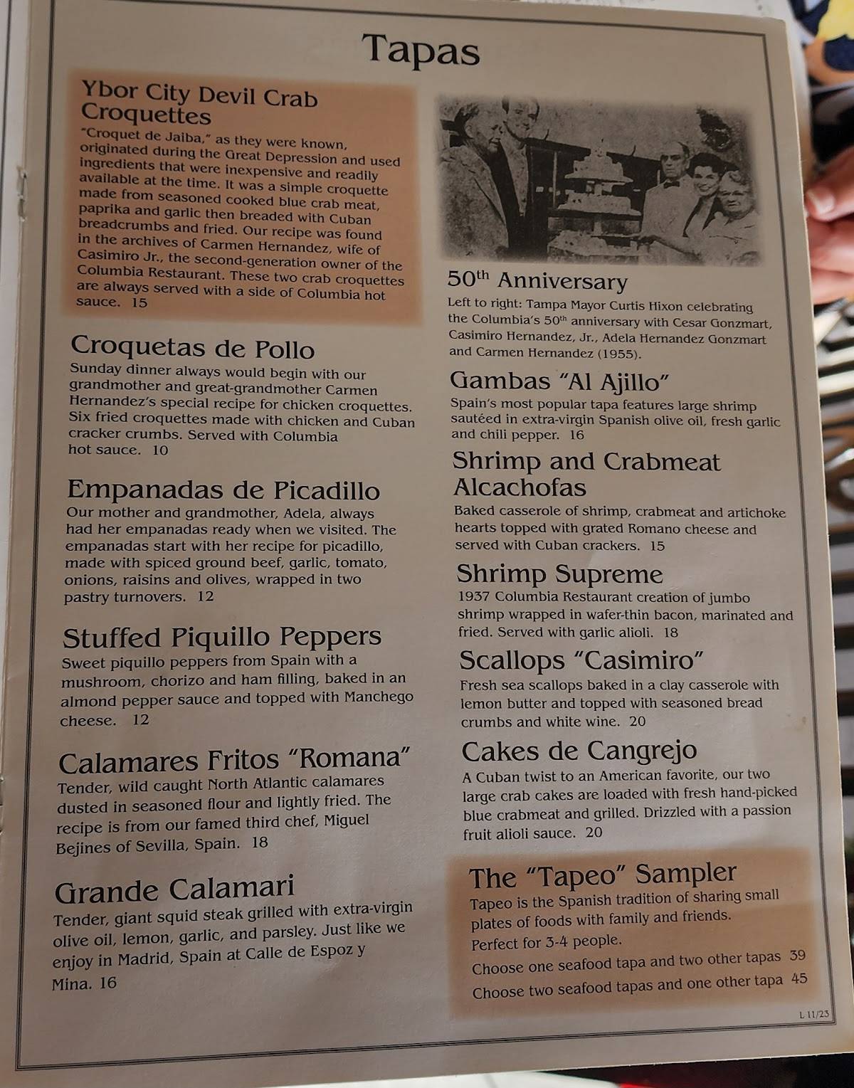 Menu at Columbia Restaurant, Sarasota