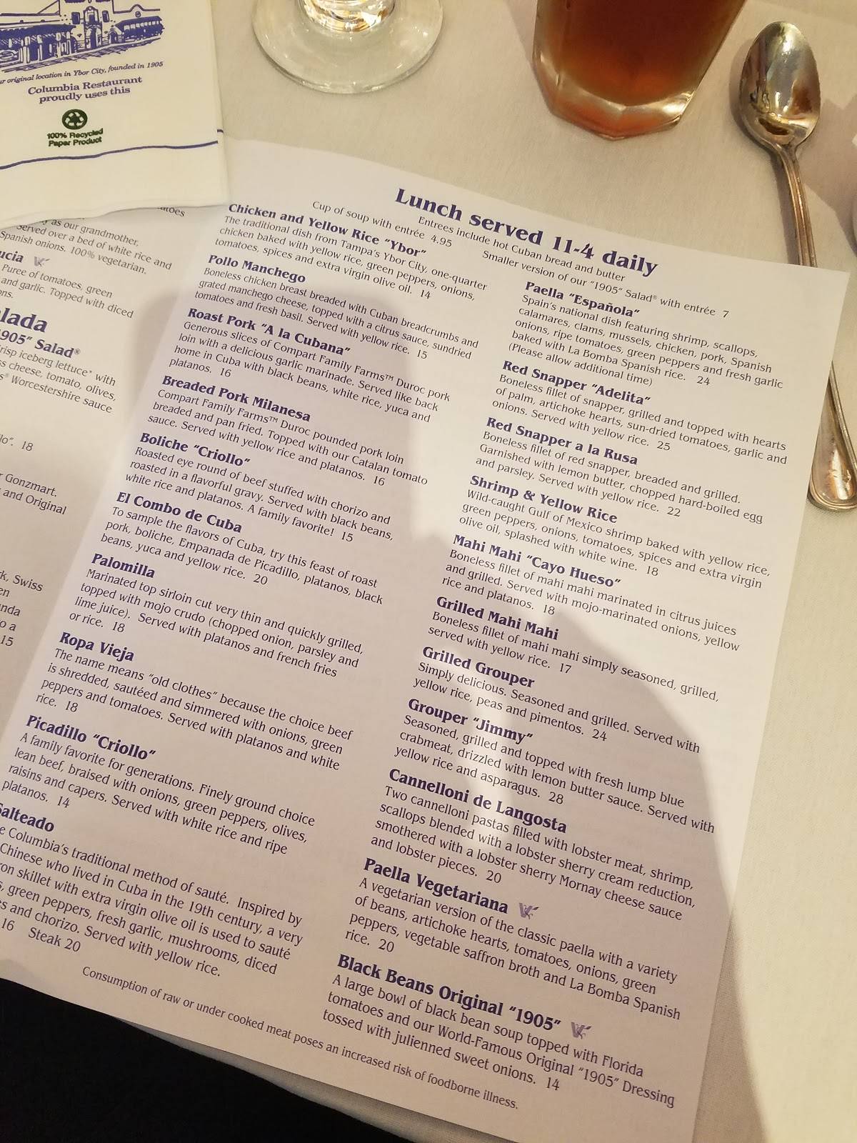 Menu at Columbia Restaurant, Sarasota