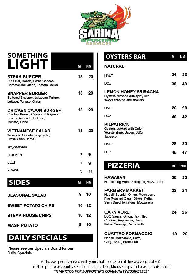 Menu at Sarina Sporting and Services Club, Sarina, Cnr Broad St