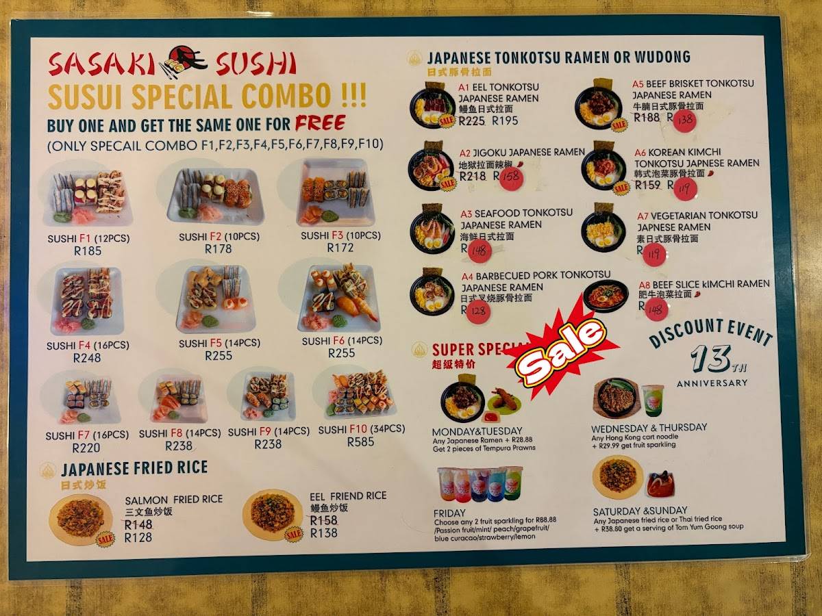 Menu at Sasaki Sushi restaurant, Pretoria, Atterbury Rd