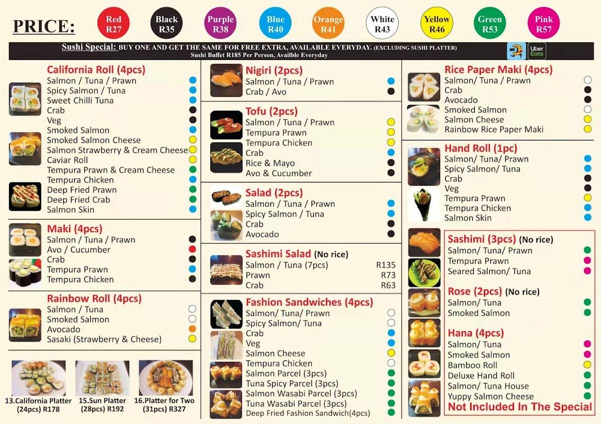 Menu at Sasaki Sushi restaurant, Pretoria, Atterbury Rd