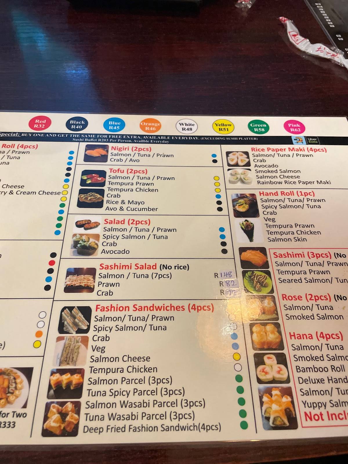 Menu at Sasaki Sushi restaurant, Pretoria, Atterbury Rd