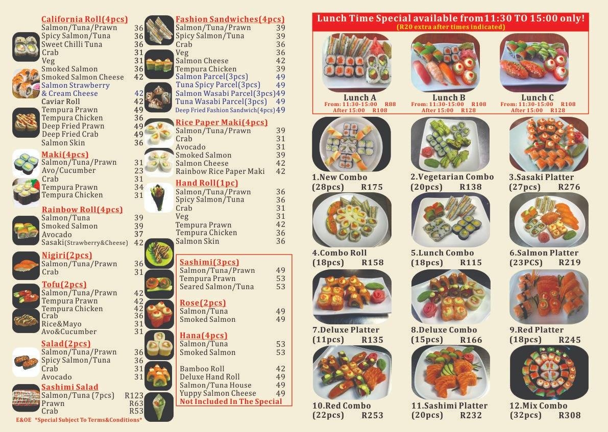 Menu at Sasaki Sushi restaurant, Pretoria, Atterbury Rd