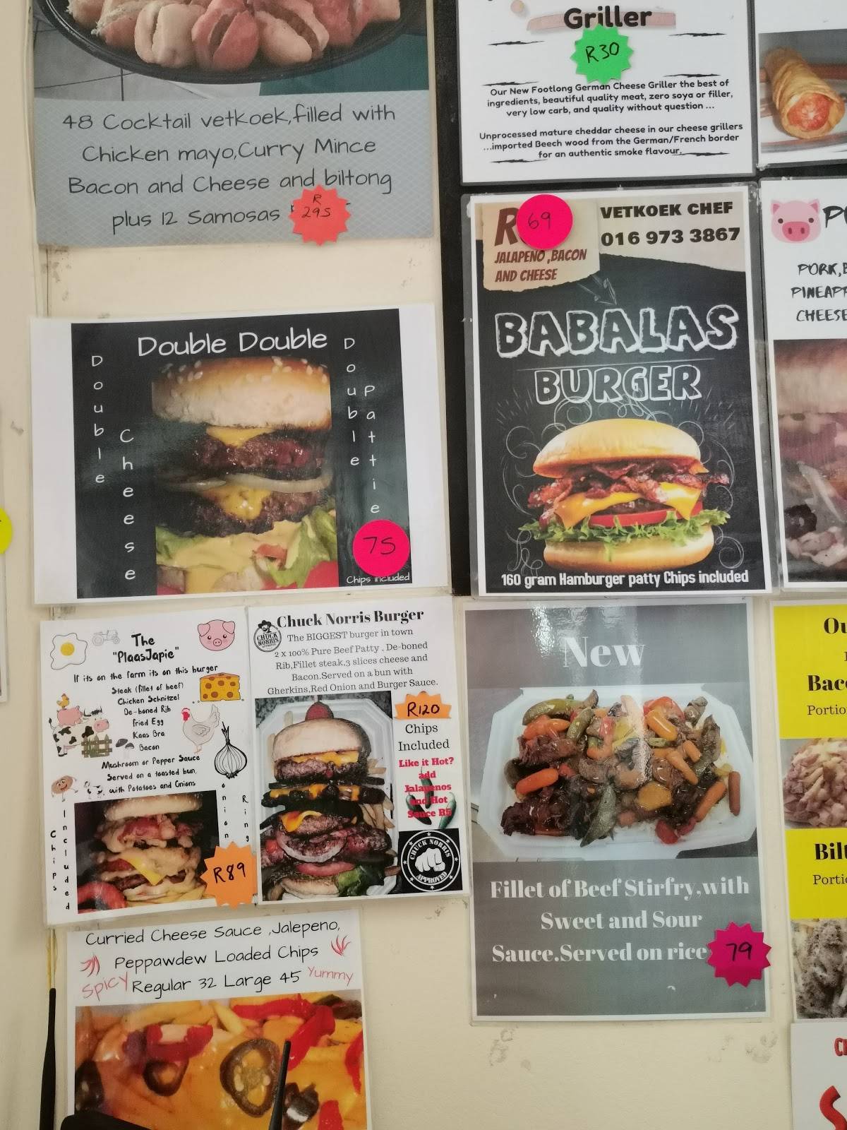 Menu at Vetkoek Chef restaurant, Sasolburg