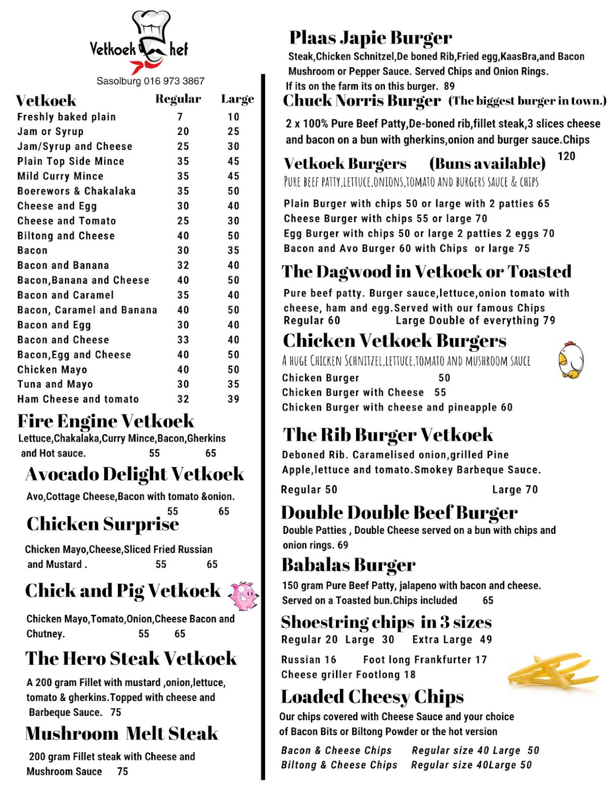 Menu at Vetkoek Chef restaurant, Sasolburg