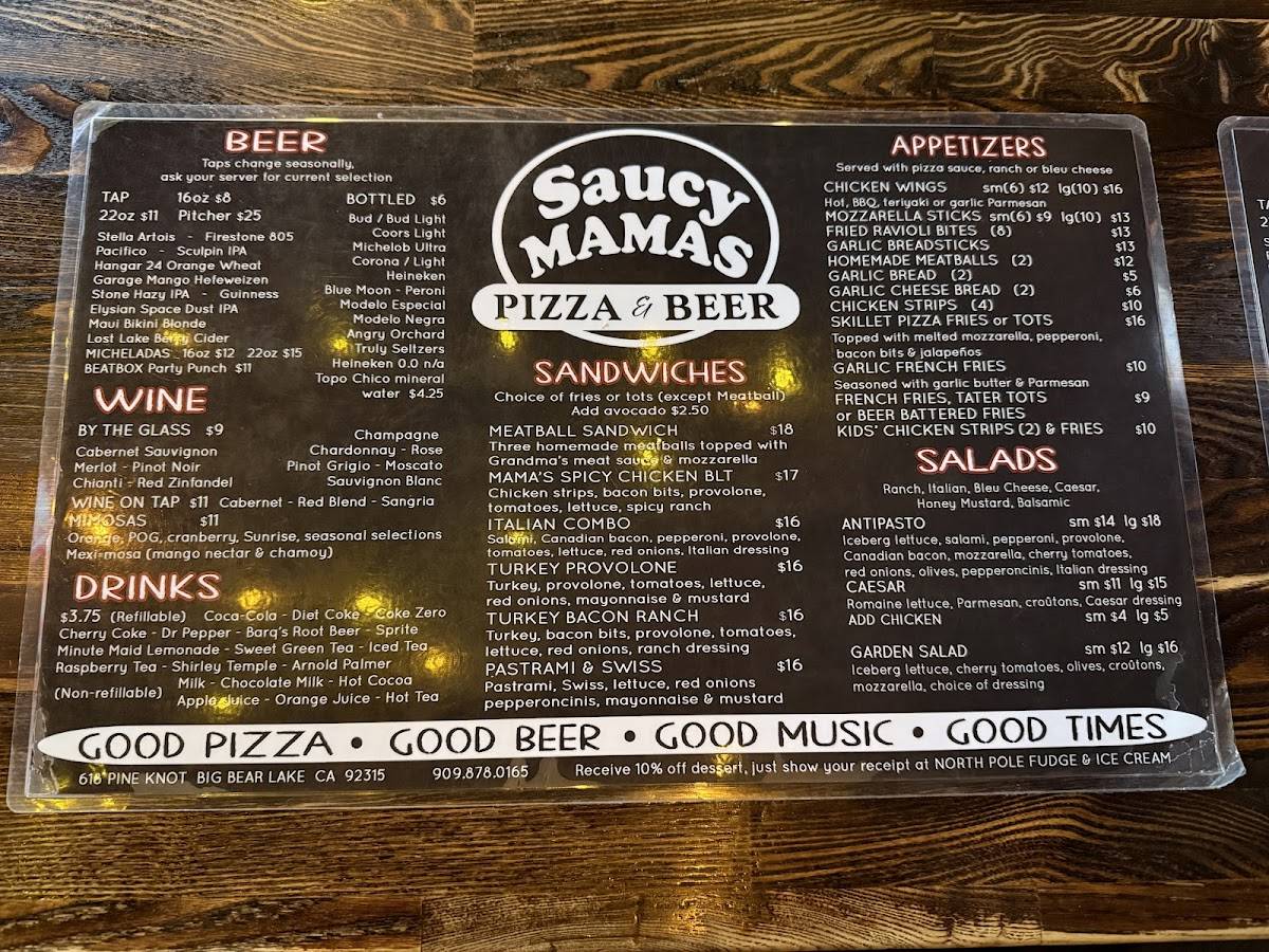 Menu at Saucy Mama's Pizzeria, Big Bear Lake