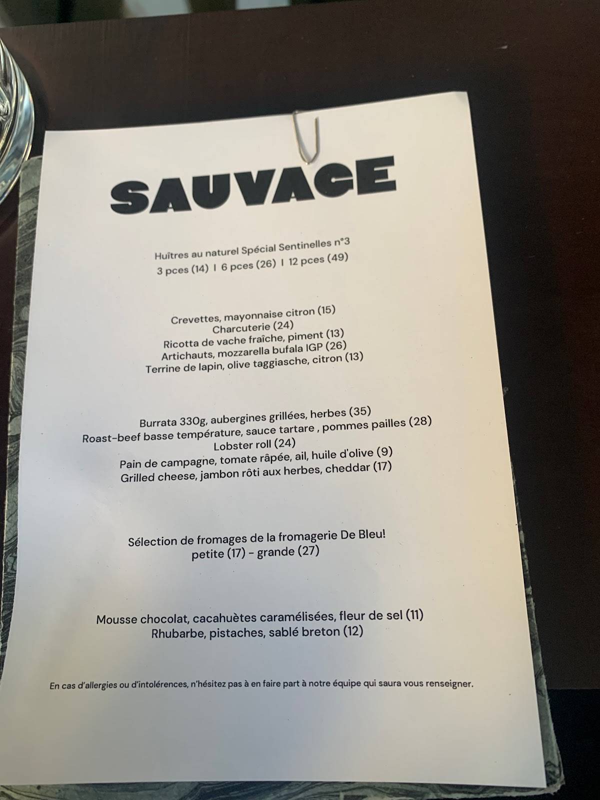 Speisekarte von Sauvage bar, Genf