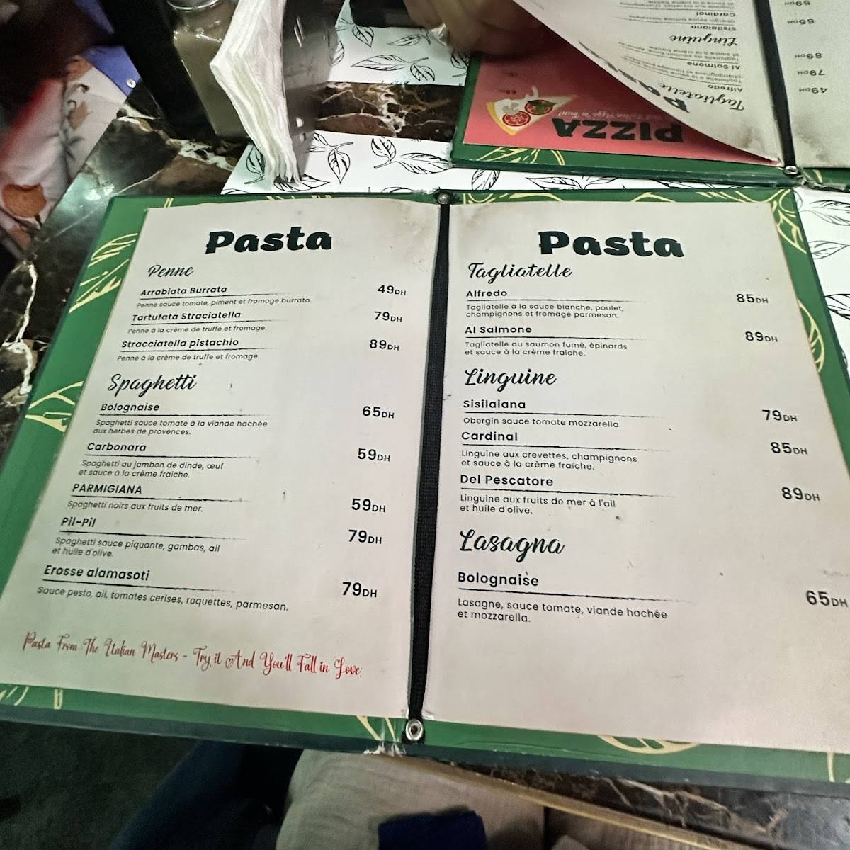 Menu au PARMIGIANA restaurant, Casablanca