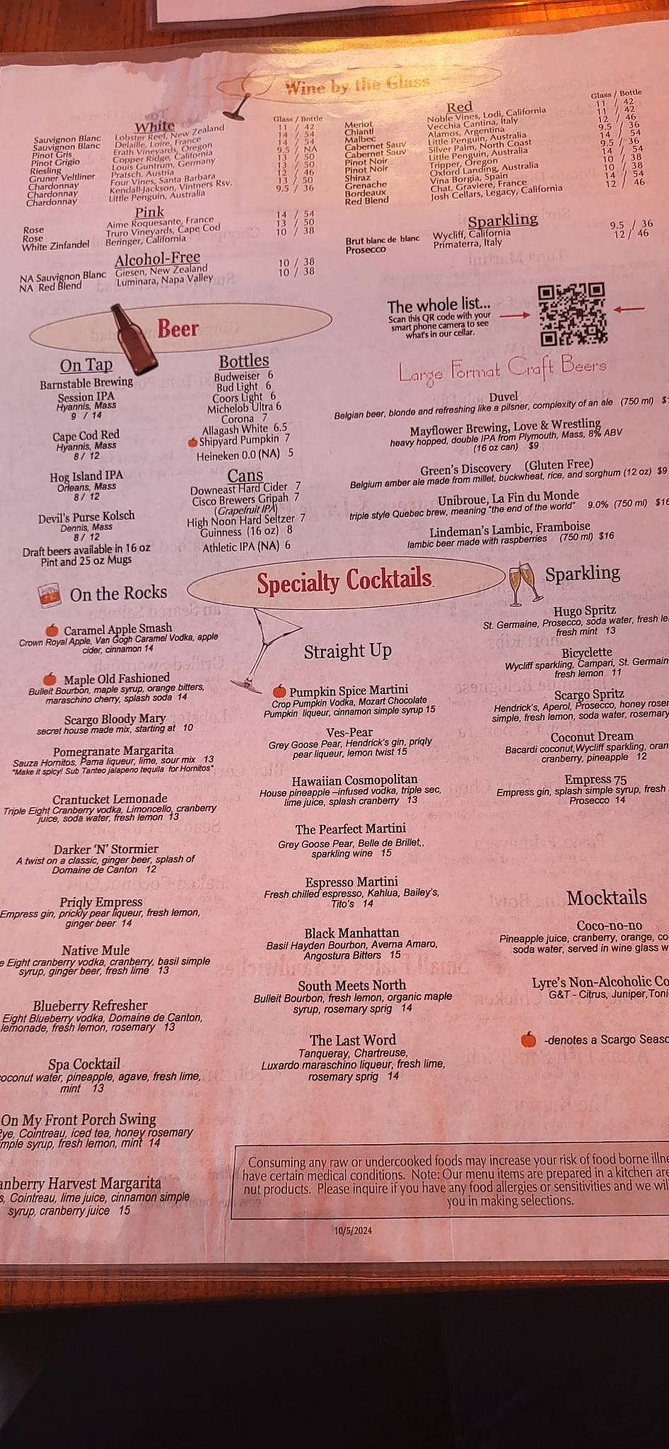 Menu at Scargo pub & bar, Dennis, 799 Main St