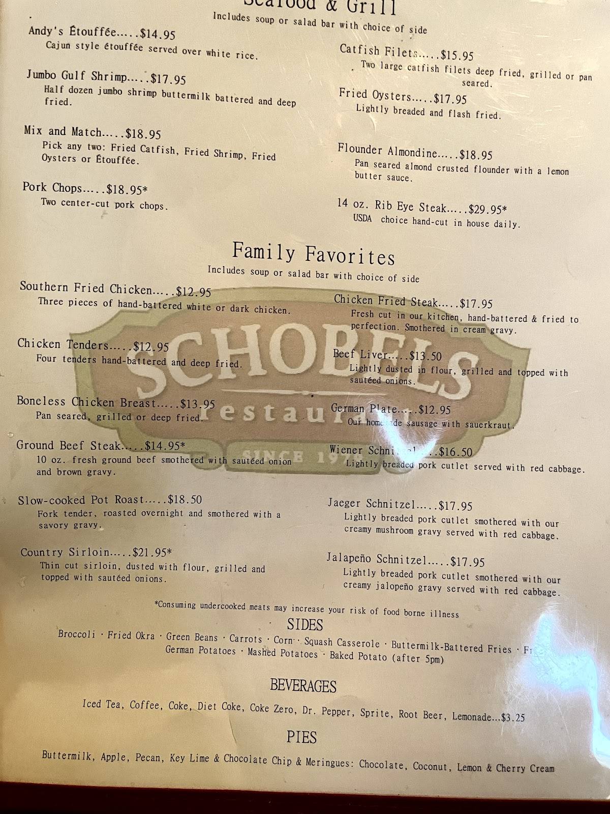 Menu at Schobels' Restaurant, Columbus