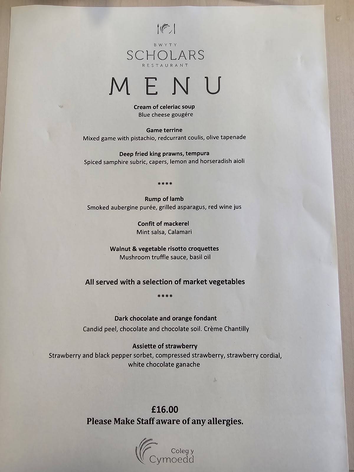 Menu at Scholars Restaurant - Coleg y Cymoedd, Hengoed