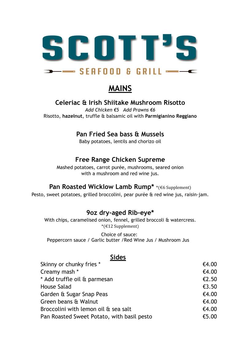 Menu at Scott's Seafood and Grill Restaurant, Dublin