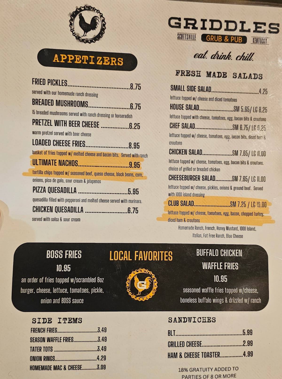 Menu at Griddles Grub & Pub, Scottsville