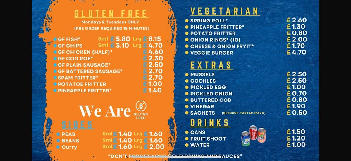 Menu at Sea Queen Fisheries fast food, Mansfield